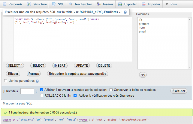 Comment insérer des données dans une table MySQL via PHP