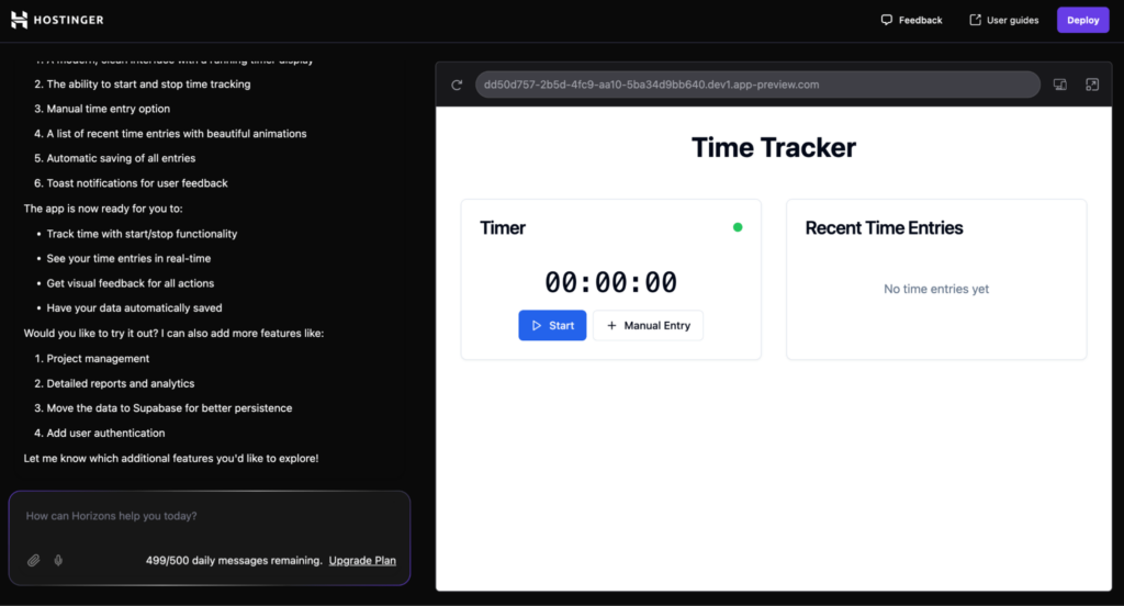 How to create a time-tracking web app with Hostinger Horizons