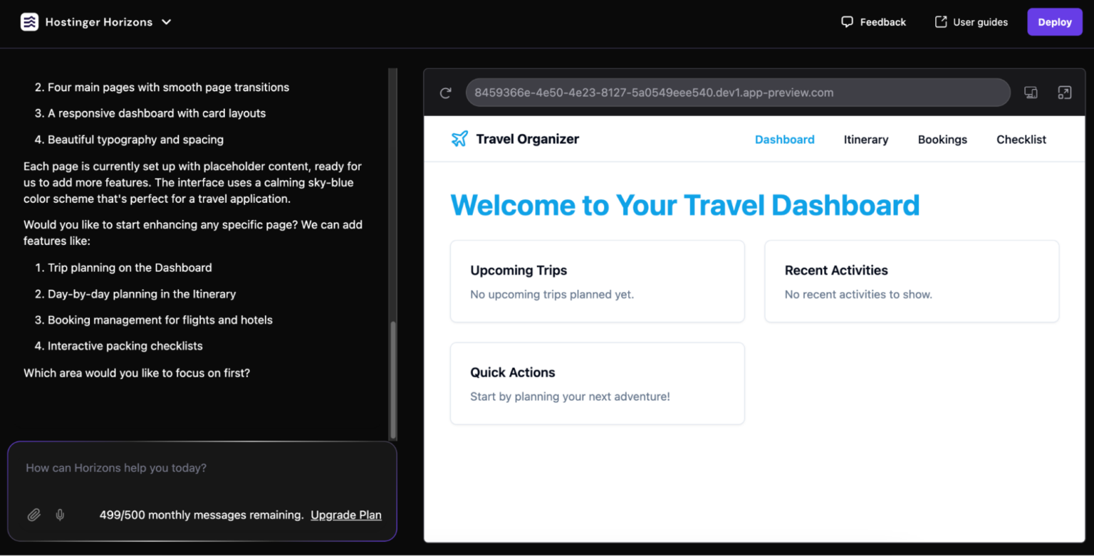 How to build a travel planner web app with Hostinger Horizons