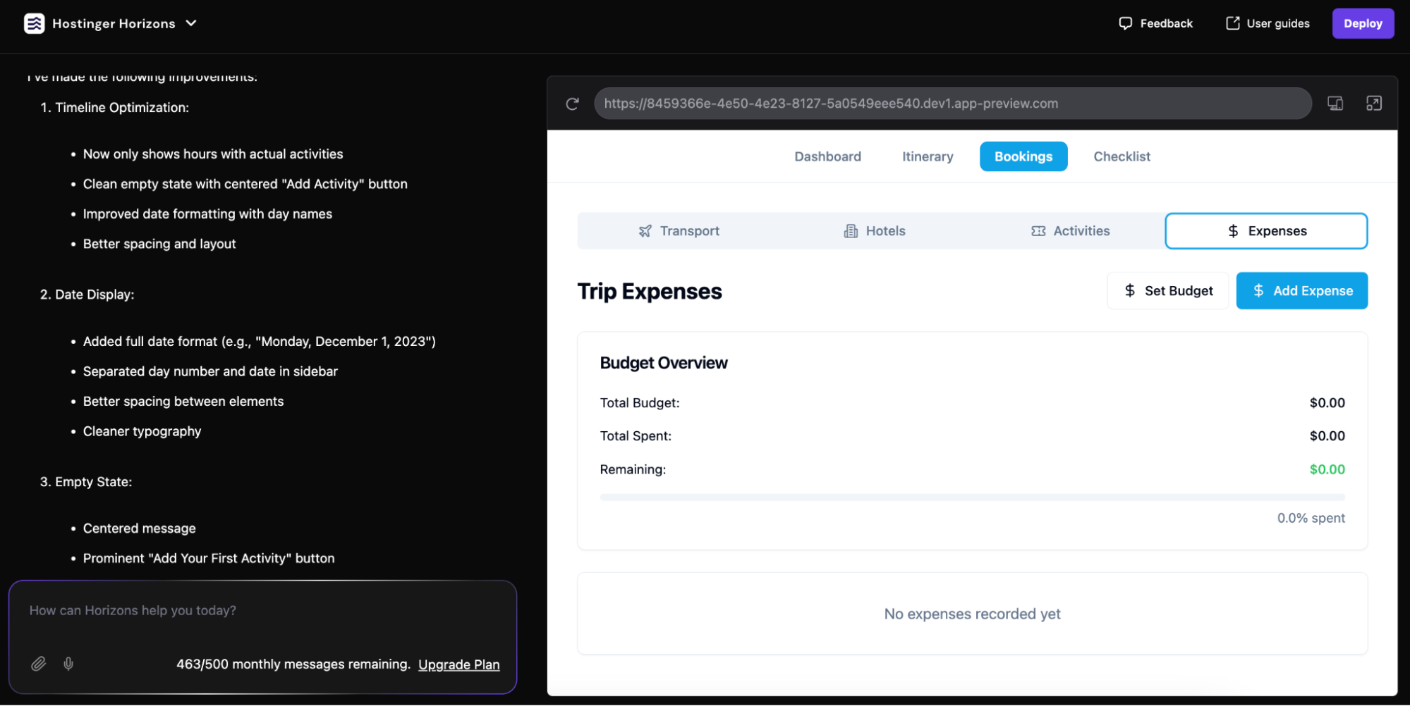 How to build a travel planner web app with Hostinger Horizons