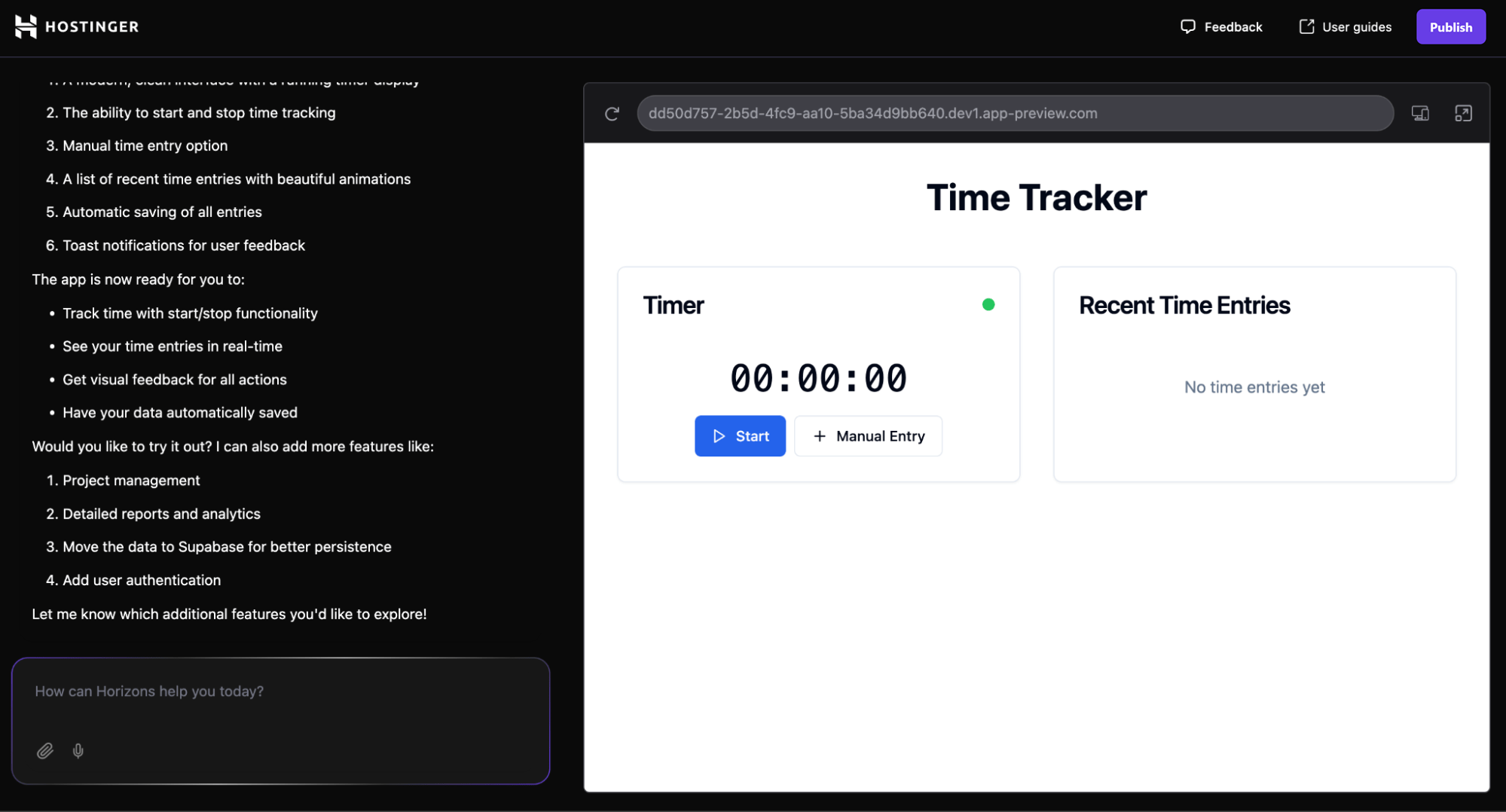 How to create a time-tracking web app with Hostinger Horizons