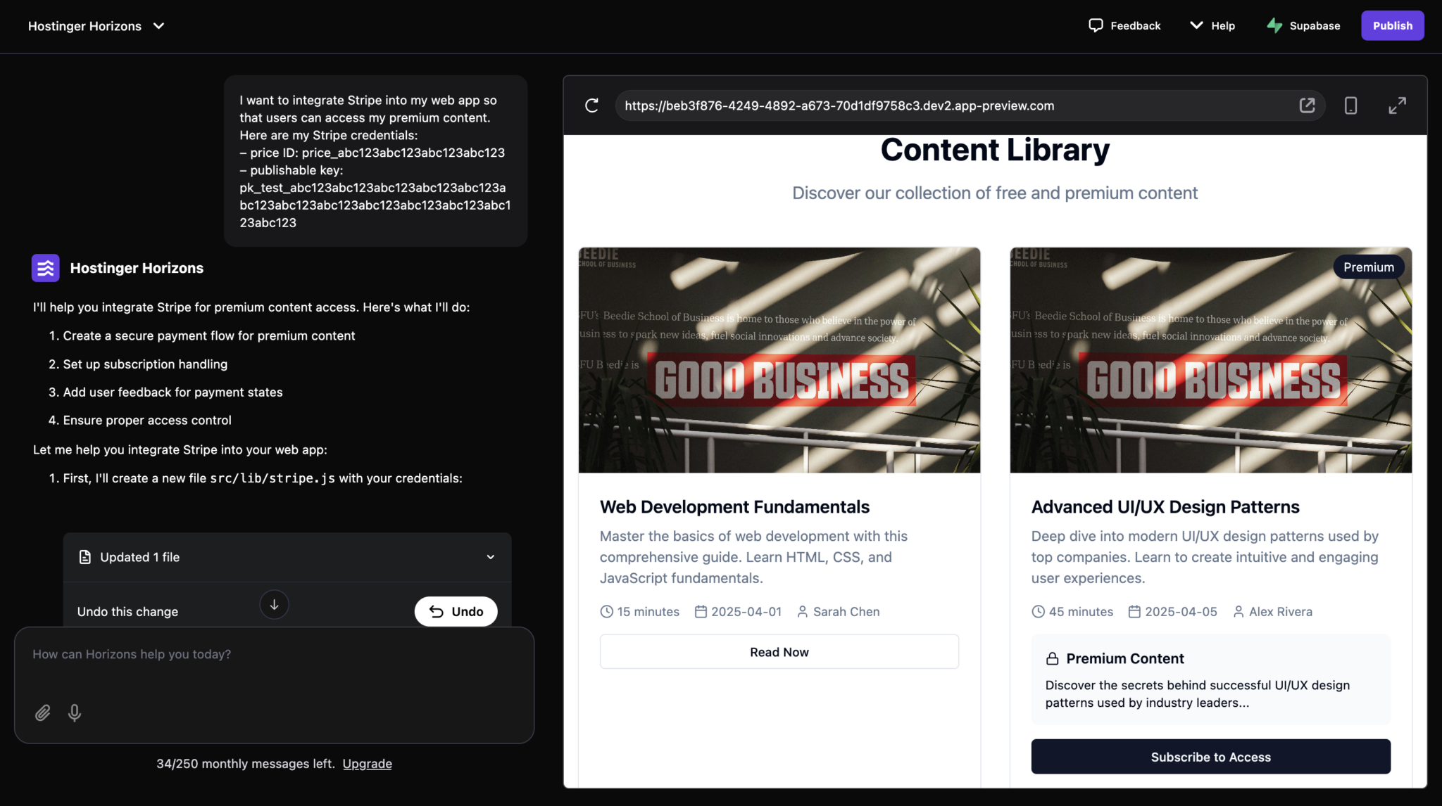 Connect Stripe to your web app built with Hostinger Horizons